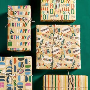 Packanewly Brithday Kraft Wrapping Paper Sheet - 6 Sheets Different Design Reversible Gift Brown Wrap Paper - 17.5 x 30 inches per Sheet