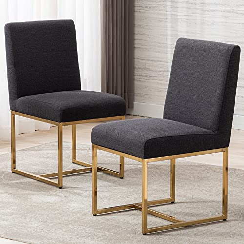 VESCASA Linen Upholstered Dining Chairs Set of 2, Mid Century Modern Padded Chair with Gold Metal Frame for Restaurant, Dining Room, Kitchen, Charcoal