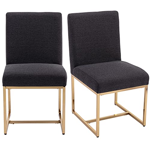 VESCASA Linen Upholstered Dining Chairs Set of 2, Mid Century Modern Padded Chair with Gold Metal Frame for Restaurant, Dining Room, Kitchen, Charcoal