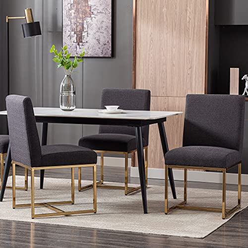 VESCASA Linen Upholstered Dining Chairs Set of 2, Mid Century Modern Padded Chair with Gold Metal Frame for Restaurant, Dining Room, Kitchen, Charcoal