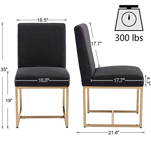 VESCASA Linen Upholstered Dining Chairs Set of 2, Mid Century Modern Padded Chair with Gold Metal Frame for Restaurant, Dining Room, Kitchen, Charcoal