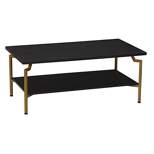 Household Essentials Crown Rectangular Coffee Table with Storage Shelf Black Oak Wood Grain and Gold Metal