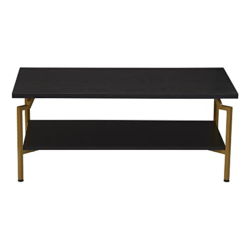 Household Essentials Crown Rectangular Coffee Table with Storage Shelf Black Oak Wood Grain and Gold Metal