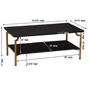 Household Essentials Crown Rectangular Coffee Table with Storage Shelf Black Oak Wood Grain and Gold Metal