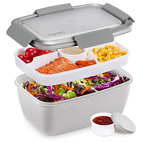 Caperci Large Salad Container for Lunch - Better Adult Bento Lunch Box 68 oz, 5-Compartment Tray, 2pcs 3-oz Sauce Cups, Stackable, BPA-Free (Gray)