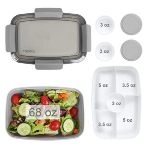 Caperci Large Salad Container for Lunch - Better Adult Bento Lunch Box 68 oz, 5-Compartment Tray, 2pcs 3-oz Sauce Cups, Stackable, BPA-Free (Gray)