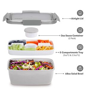 Caperci Large Salad Container for Lunch - Better Adult Bento Lunch Box 68 oz, 5-Compartment Tray, 2pcs 3-oz Sauce Cups, Stackable, BPA-Free (Gray)