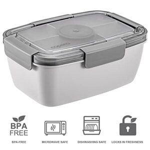 Caperci Large Salad Container for Lunch - Better Adult Bento Lunch Box 68 oz, 5-Compartment Tray, 2pcs 3-oz Sauce Cups, Stackable, BPA-Free (Gray)