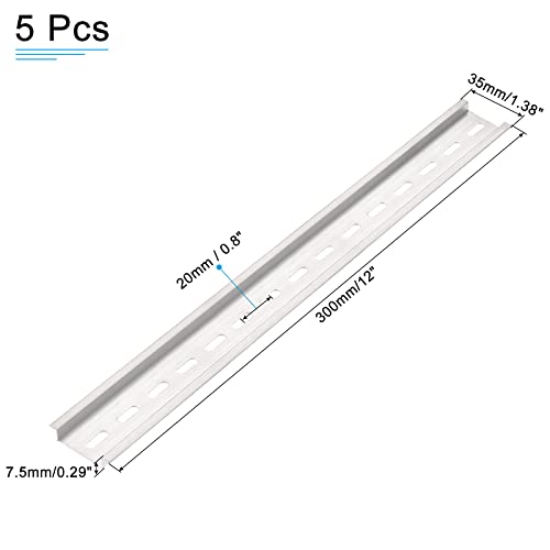 MECCANIXITY DIN Rail Slotted Aluminum Mounting Guide 300mm Long 35mm Wide 7.5mm High Silver Tone Pack of 5