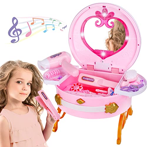 Portable Princess Vanity with Magic Mirror, Kids Makeup Vanity & Styling Tools, Lights and Sounds, Girls Toys Gifts for 3-12 Year Old Kids Toddler Birthday Gift