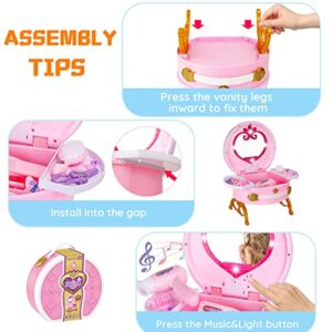 Portable Princess Vanity with Magic Mirror, Kids Makeup Vanity & Styling Tools, Lights and Sounds, Girls Toys Gifts for 3-12 Year Old Kids Toddler Birthday Gift