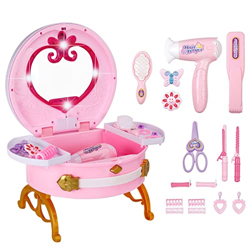 Portable Princess Vanity with Magic Mirror, Kids Makeup Vanity & Styling Tools, Lights and Sounds, Girls Toys Gifts for 3-12 Year Old Kids Toddler Birthday Gift