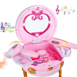 Portable Princess Vanity with Magic Mirror, Kids Makeup Vanity & Styling Tools, Lights and Sounds, Girls Toys Gifts for 3-12 Year Old Kids Toddler Birthday Gift