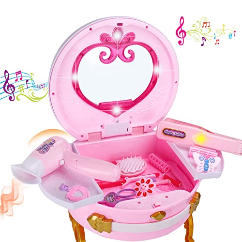 Portable Princess Vanity with Magic Mirror, Kids Makeup Vanity & Styling Tools, Lights and Sounds, Girls Toys Gifts for 3-12 Year Old Kids Toddler Birthday Gift