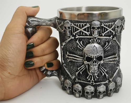 Classic Stainless Steel Reusable Insulated Viking Skull Cups Novelty Coffee Mugs for Women and Beer Mug for Men 14oz with Handles for Tea Milk Coffee Drinking &Halloween Bar Drinkware Gift,Party Cup