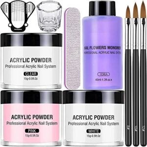 acrylic nail kit acrylic powder and liquid set, monomer liquid set with nail brush, pink white clear nail powder kit for acrylic nails extension beginner set