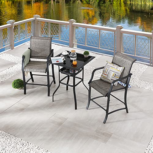 LOKATSE HOME Patio Bar Set 3 Piece Counter Height Stools Glass Top Tempered Tesilin Conversation Dining Furniture, Grey