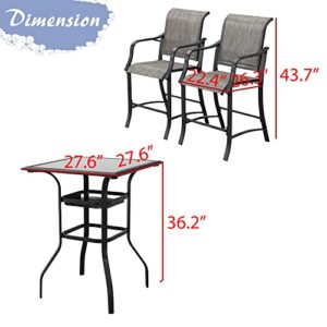 LOKATSE HOME Patio Bar Set 3 Piece Counter Height Stools Glass Top Tempered Tesilin Conversation Dining Furniture, Grey