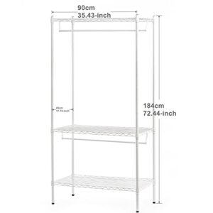 BechUbre 3-Tier Metal Hanging Storage Organizer Rack Wardrobe with Shelves, Extra Wide Clothes Rack Wire Shelving Garment Clothing Rack with Hanging Rods, White