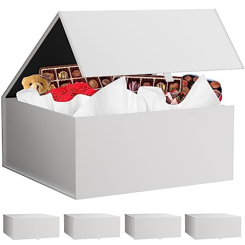 Kiniu 5Pack White Gift Boxes with Lids Bulk - Gift Boxes for Presents with White Tissue Paper - White Gift Box Set - Collapsible Magnetic Closure Box for Bridesmaid Proposal Boxes, Groomsman Box, Wedding, Birthday, Shirt Gift Box - 9.25x9.25x3.75 Inches