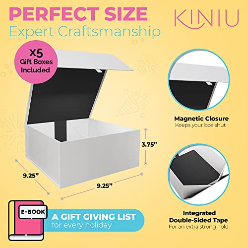 Kiniu 5Pack White Gift Boxes with Lids Bulk - Gift Boxes for Presents with White Tissue Paper - White Gift Box Set - Collapsible Magnetic Closure Box for Bridesmaid Proposal Boxes, Groomsman Box, Wedding, Birthday, Shirt Gift Box - 9.25x9.25x3.75 Inches