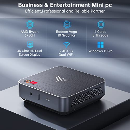 KAMRUI AMD Ryzen 7 3750H Mini PC, Windows 11 Pro 16GB RAM 512 GB SSD Micro Desktop Computers, Radeon RX Vega 10 Graphics, DP 4K Dual Screen, Small Form Factor for Office, Video Editing, Light Gaming