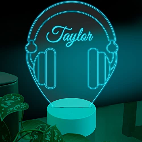 Ambesonne Headphones Customizable 3D Led Table Lamp, Stars and Circles Dj Set Playing Music, Acrylic Glass Plate with USB & Battery Powered Touch Switch Night Light for Desks Dorms & Bedrooms