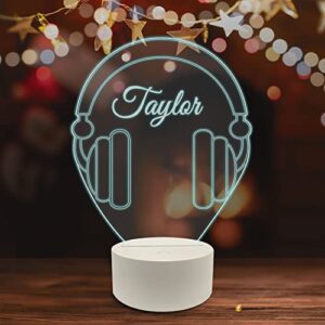 Ambesonne Headphones Customizable 3D Led Table Lamp, Stars and Circles Dj Set Playing Music, Acrylic Glass Plate with USB & Battery Powered Touch Switch Night Light for Desks Dorms & Bedrooms