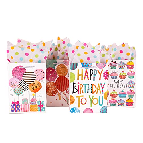 OfficeCastle 4 Pack Large Birthday Gift Bags with Tissue Paper (Rainbow Polka Dots)