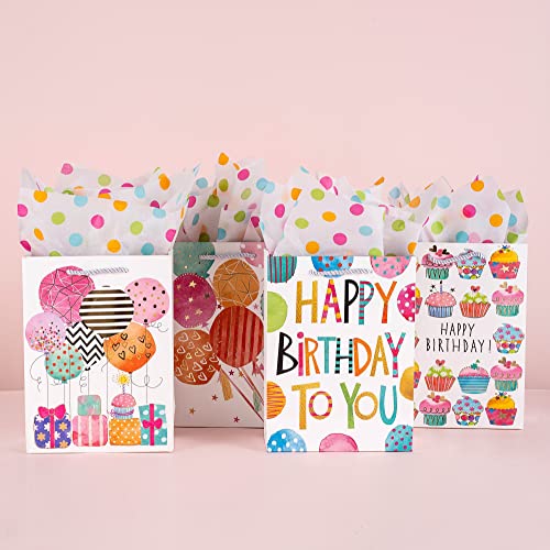 OfficeCastle 4 Pack Large Birthday Gift Bags with Tissue Paper (Rainbow Polka Dots)