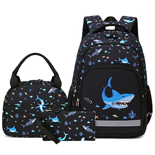 Kouxunt School Backpacks Set for Girls Boys Teens, Kids Elementary Middle School Bag Bookbag with Insulated Lunch Bag Pencil Case (Shark)