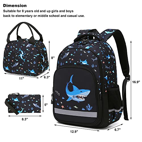 Kouxunt School Backpacks Set for Girls Boys Teens, Kids Elementary Middle School Bag Bookbag with Insulated Lunch Bag Pencil Case (Shark)