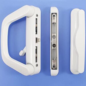 sliding patio door handle set with mortise lock, suitable for sliding glass patio door thickness from 0.75in to 1.4in, 4-15/16" screw holes, lock outside, reversible design, non-keyed, white