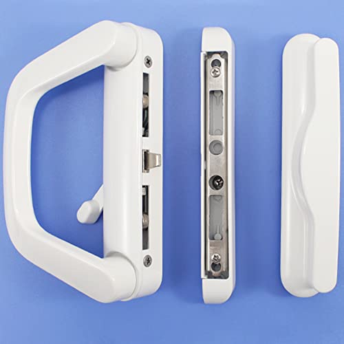 Sliding Patio Door Handle Set with Mortise Lock, Suitable for Sliding Glass Patio Door Thickness from 0.75in to 1.4in, 4-15/16" Screw Holes, Lock Outside, Reversible Design, Non-Keyed, White