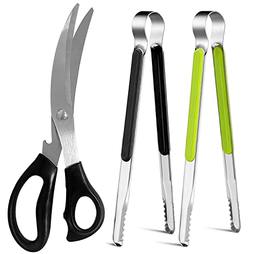 Kitchen Shears. Korean Barbecue Scissors and Tongs Set, Kitchen Scissors and Tongs for Cutting Meat, Chicken, Vegetables, Stainless Steel Multipurpose Non-slip Serrated Sharp BBQ Scissors BBQ Tongs