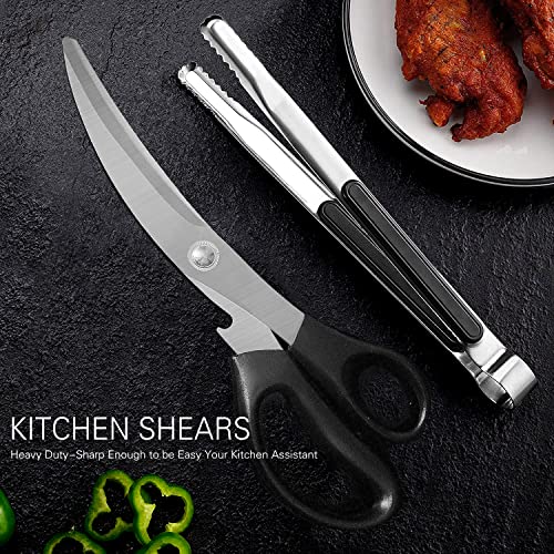 Kitchen Shears. Korean Barbecue Scissors and Tongs Set, Kitchen Scissors and Tongs for Cutting Meat, Chicken, Vegetables, Stainless Steel Multipurpose Non-slip Serrated Sharp BBQ Scissors BBQ Tongs