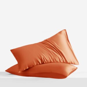 linenwalas 100% organic tencel lyocell silk pillow cases standard size, 2 pack soft, breathable, eucalyptus cooling pillowcases set queen size with envelop closure (burnt orange, 20x30 inches)