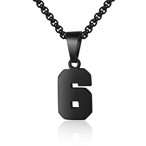 Number Necklace for Boy Athletes Number Stainless Steel Black Chain 00-99 Number Charm Pendant Personalized Sports Jewelry for Men Basketball Baseball Football(06)