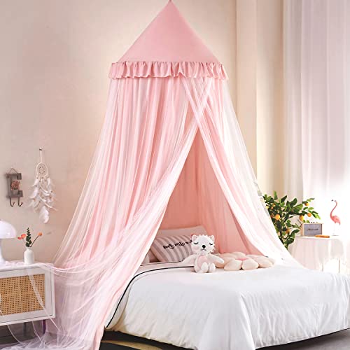 Kertnic Bed Canopy for Kids Room Double Layer Mosquito Net, Hanging Play Tent Children Reading Nook Canopies, Round Dome Princess Castle Dreamy Bedding for Girls Room House Décor (Beige Pink)