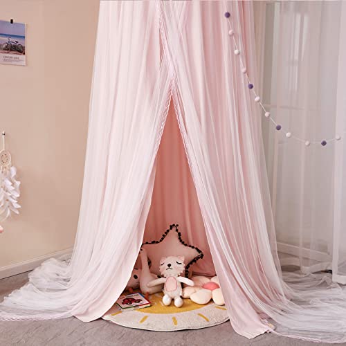 Kertnic Bed Canopy for Kids Room Double Layer Mosquito Net, Hanging Play Tent Children Reading Nook Canopies, Round Dome Princess Castle Dreamy Bedding for Girls Room House Décor (Beige Pink)