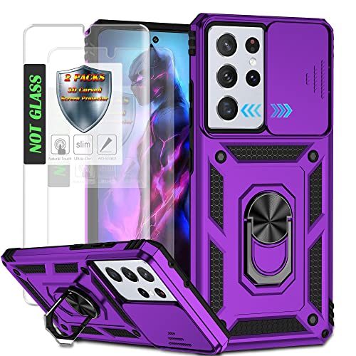 AYMECL for S21 Ultra Case,Galaxy S21 Ultra Case with Slide Camera Cover &[2 Packs] 3D Curved Screen Protector,Built-in 360° Rotate Ring Stand Magnetic Cover Case for Galaxy S21 Ultra 6.8 inch-Purple