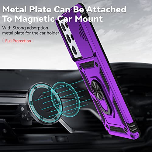 AYMECL for S21 Ultra Case,Galaxy S21 Ultra Case with Slide Camera Cover &[2 Packs] 3D Curved Screen Protector,Built-in 360° Rotate Ring Stand Magnetic Cover Case for Galaxy S21 Ultra 6.8 inch-Purple