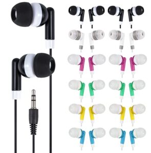 wjjitan bulk earbuds 50 pack multi colored individually bagged, wholesale earbuds headphones class set earphones for classroom, kids, students,schools,children