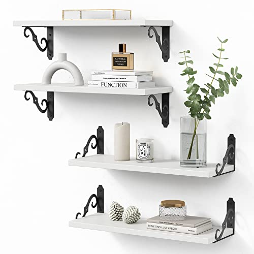 White Wall Shelves for Bedroom Aesthetic Set of 4, Wood Floating Bookshelf for Bedroom Storage, Small Wall Mounted Shelves for Women Kids Girls Room, Bathroom Organizer, Nursery Books, Office