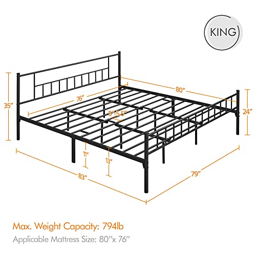 Topeakmart King Size Metal Bed Frame, Platform Bed Frame with Headboard and Footboard/No Box Spring Needed/Steel Slat Support/Under Bed Storage/Black