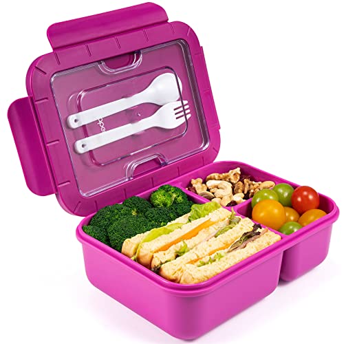 Caperci Premium Bento Lunch Box for Adult & Older Kids - Leakproof 44 oz 3-Compartment Lunch Containers for Adults and Teens, Ergonomic Design, Built-in Utensil Set & BPA Free (Purple)