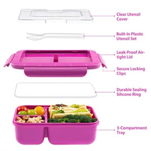 Caperci Premium Bento Lunch Box for Adult & Older Kids - Leakproof 44 oz 3-Compartment Lunch Containers for Adults and Teens, Ergonomic Design, Built-in Utensil Set & BPA Free (Purple)