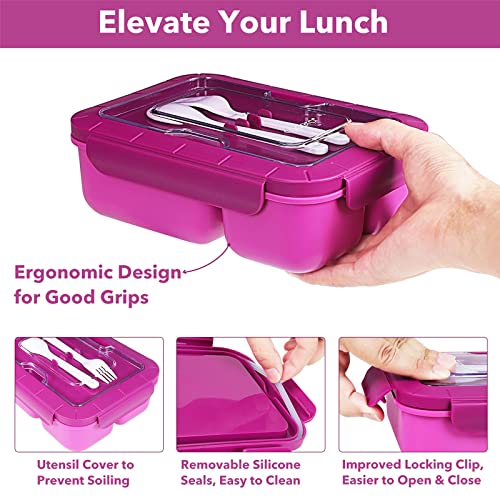 Caperci Premium Bento Lunch Box for Adult & Older Kids - Leakproof 44 oz 3-Compartment Lunch Containers for Adults and Teens, Ergonomic Design, Built-in Utensil Set & BPA Free (Purple)