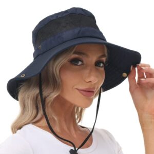 sun hat women-wide brim hiking hat women uv protection gardening hat, foldable & waterproof fishing hat for women navy blue