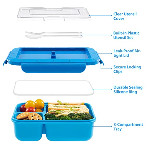 Caperci Premium Bento Box Adult Lunch Box for Older Kids - Leakproof 44 oz 3-Compartment Lunch Containers for Adults and Teens, Ergonomic Design, Built-in Utensil Set & BPA Free (Blue)